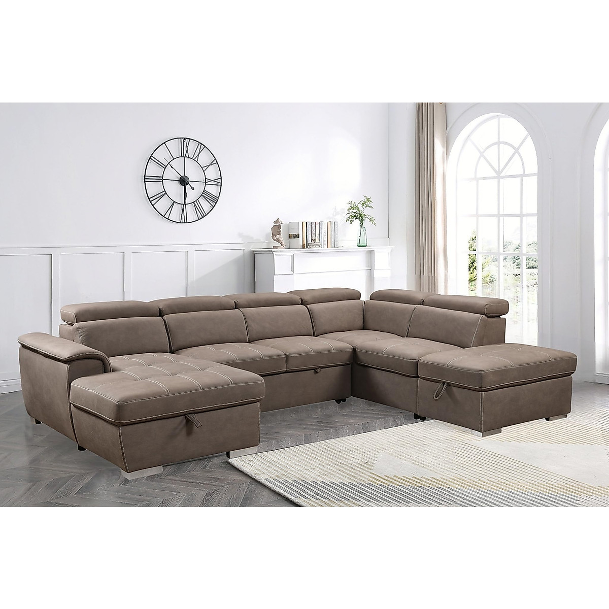 THSUPER 127'' Microfiber Oversized U-Shaped Sectional Sleeper Sofa Couch with Pullout Bed, 7 Seats Couch with Adjustable Headrests, Sofa with Storage Chaise and Ottoman for Living Room. Light Brown