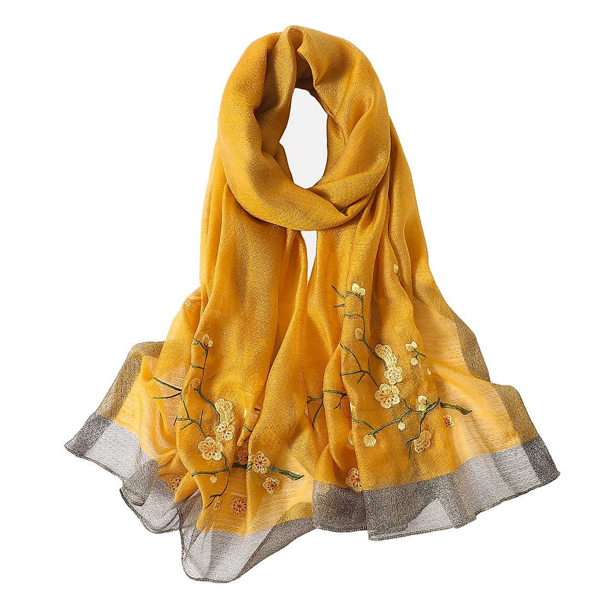 WINCESS YU Women Mulberry Silk Scarf Long & Large Embroidered Floral Pattern Shawl and Wraps Neckerchief for Hair & Neck