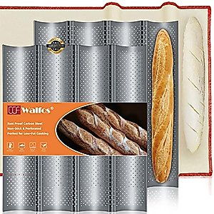 WALFOS 2PCS French Baguette Bread Pan ，with Professional Proofing Cloth, 15"X 13" Non-stick french bread pan, 4 Wave Loaves Loaf baguette pan for baking Toast Perforated Bakers Molding