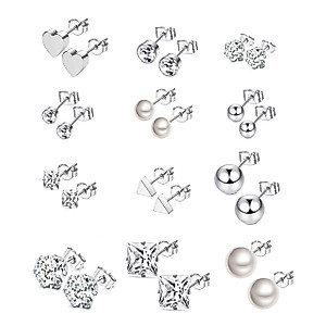 Thunaraz 12Pairs Surgical Steel Stud Earring Set Earring Ball Triangle Heart CZ Earring