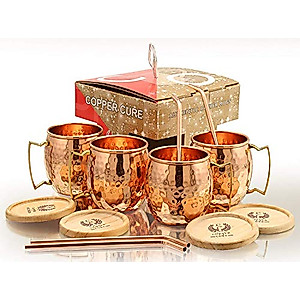 (Gift Set) Pure Copper Hammered Mugs with Copper Straws & Wooden Coasters Set of 4 - PREMIUM QUALITY -16 Oz Copper Cups - 100% Handcrafted - A Gift Pack for your loved Ones