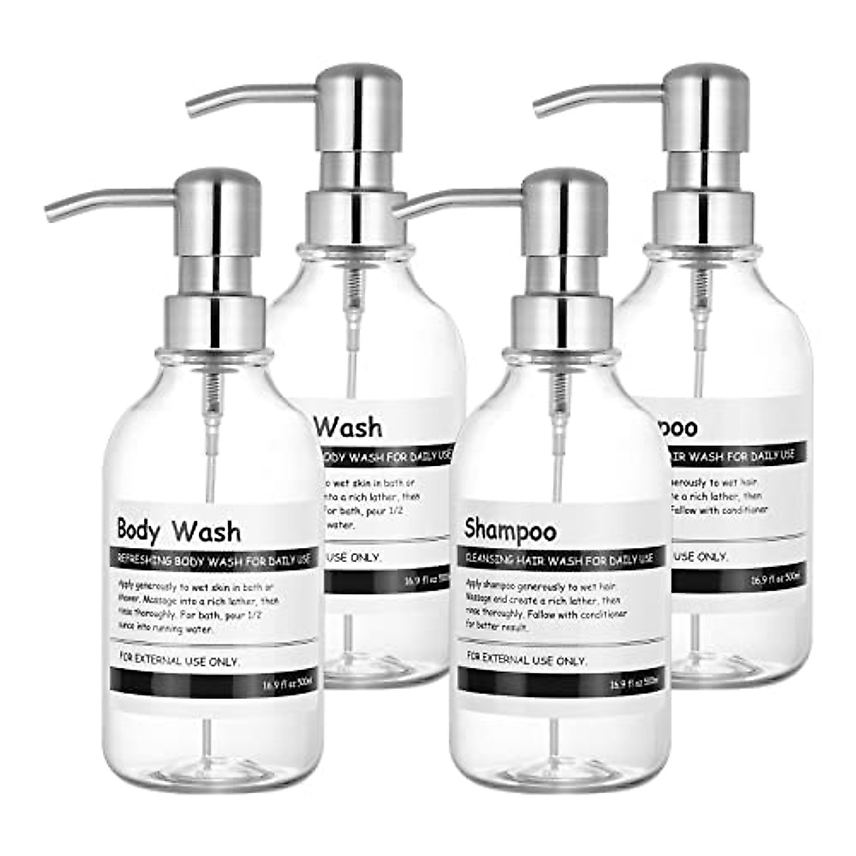 4 Set Foaming Hand Soap Dispenser Bathroom, Brushed Nickel Stainless Steel Foam Dispenser (Stainless Steel Pump + Clear Bottle)