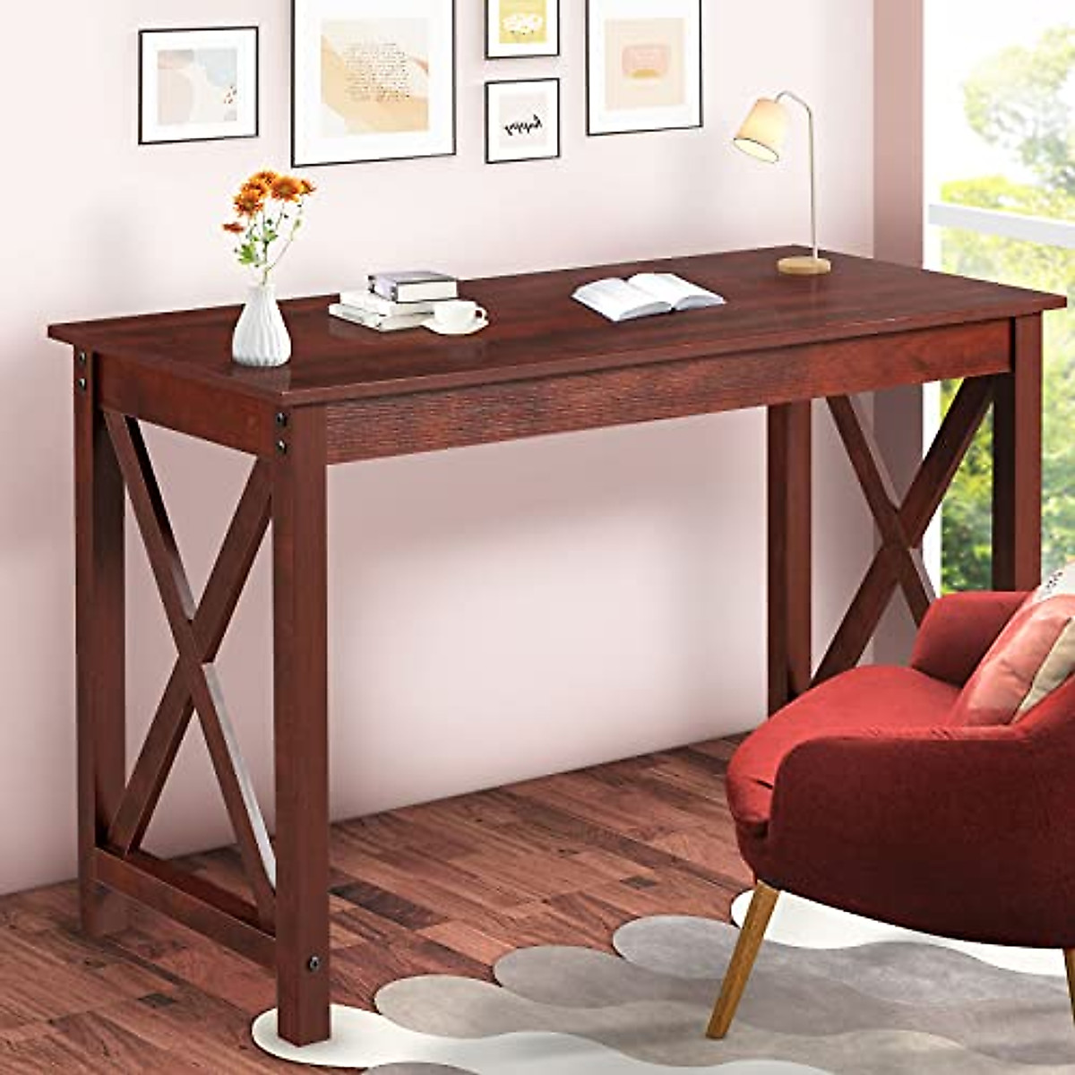 MINOSYS Writing Desk – 43.3” Computer Desk for Home Office, Sturdy Wooden Grain Work Desk with X Frame, Console Table for Living Room, Entryway, Study Room, Sofa, Cherry Color Farmhouse Desk.