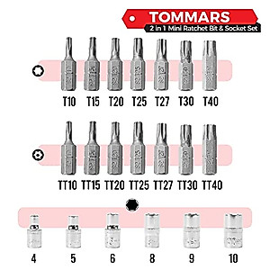 TOMMARS 58-Pc 1/4" Mini Ratchet Wrench Socket & Screwdriver Bits Set, Low Profile, 45 Teeth Gear, S2 and CR-V, 58PCS