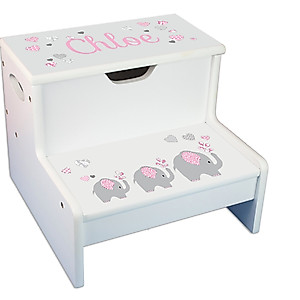 Personalized Pink Gray Floral Garland White Childrens Step Stool with Storage (Pink Elephant)