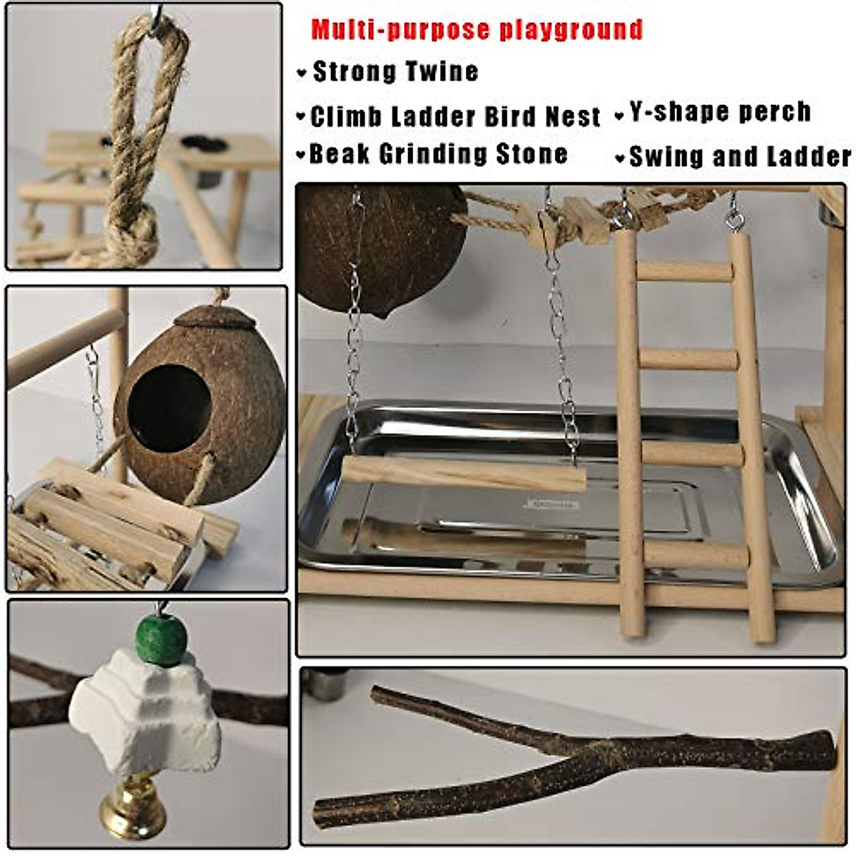 Parrots Playground Bird Play Stand Natural Wood Perch Gym Parakeet Nest Climb Swing Ladders with Feeder Cups Ladders Lovebirds Cage Accessories Toy Exercise Activity for Conure Cockatiel Lovebirds