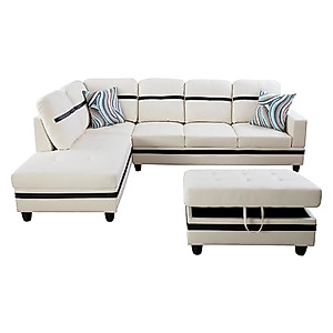 NOTOP 3-Piece Faux Leather L-Shaped Sectional Sofas, Button Tufted Upholstered Couch Set with Left Chaise Longue and Storage Ottoman, for Living Room, Home, Office, White-Black