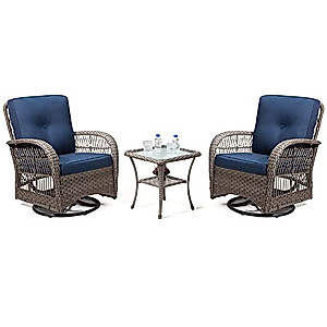 Joyside Patio Bistro Set - 3-Piece Patio Wicker Swivel Rocking Chair Set, Outdoor Patio Furniture Chair with Side Coffee Table & Durable Fabric Cushion(Brown/Blue)