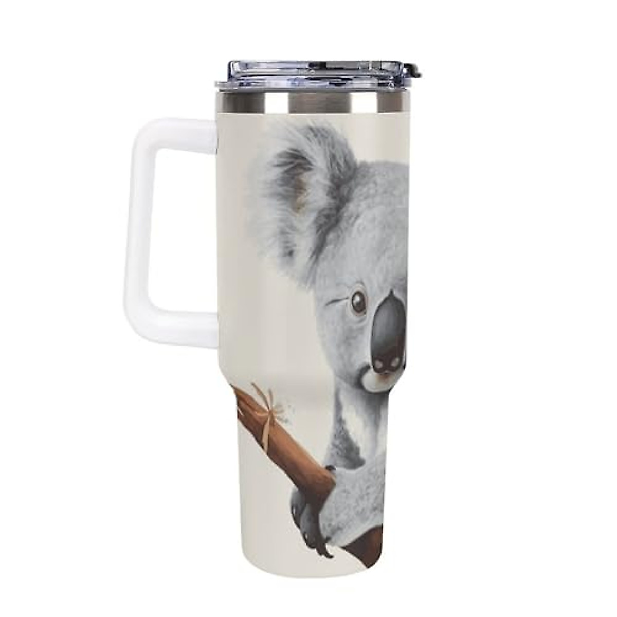 LLUTSNTH 40 Oz Vacuum Tumbler with White Handle Leakproof Insulated Tumbler Koala And Butterfly Stainless Steel Travel Mug with Lid And Straw Coffee Cup Cute Water Bottles Cup Holder Friendly