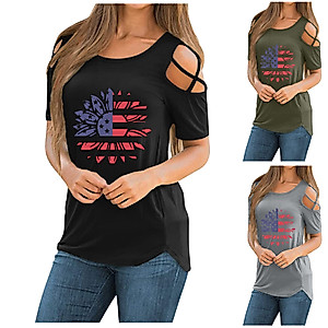 Womens Off-Shoulder Short-Sleeved T-Shirt American Flag Print Round Neck Basic Tee Casual Independence Day Tops (Black, XL)
