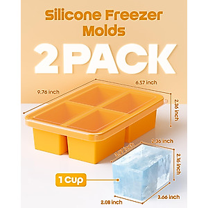 KEMETHY Silicone Freezer Trays with Lid, 2 Pack Silicone Soup Freezer Molds, BPA Free Soup Freezer Containers, 1 Cup Silicone Freezer Molds for Soup, Broth, Sauce and Ice