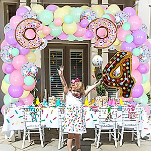 Donut 4th Birthday Party Decorations, Four Ever Sweet Birthday Decorations - Macaron Balloon Garland Kit with Doughnut Foil Balloons, 5 x 3 Ft Donut Backdrop, Number 4 Foil Balloon