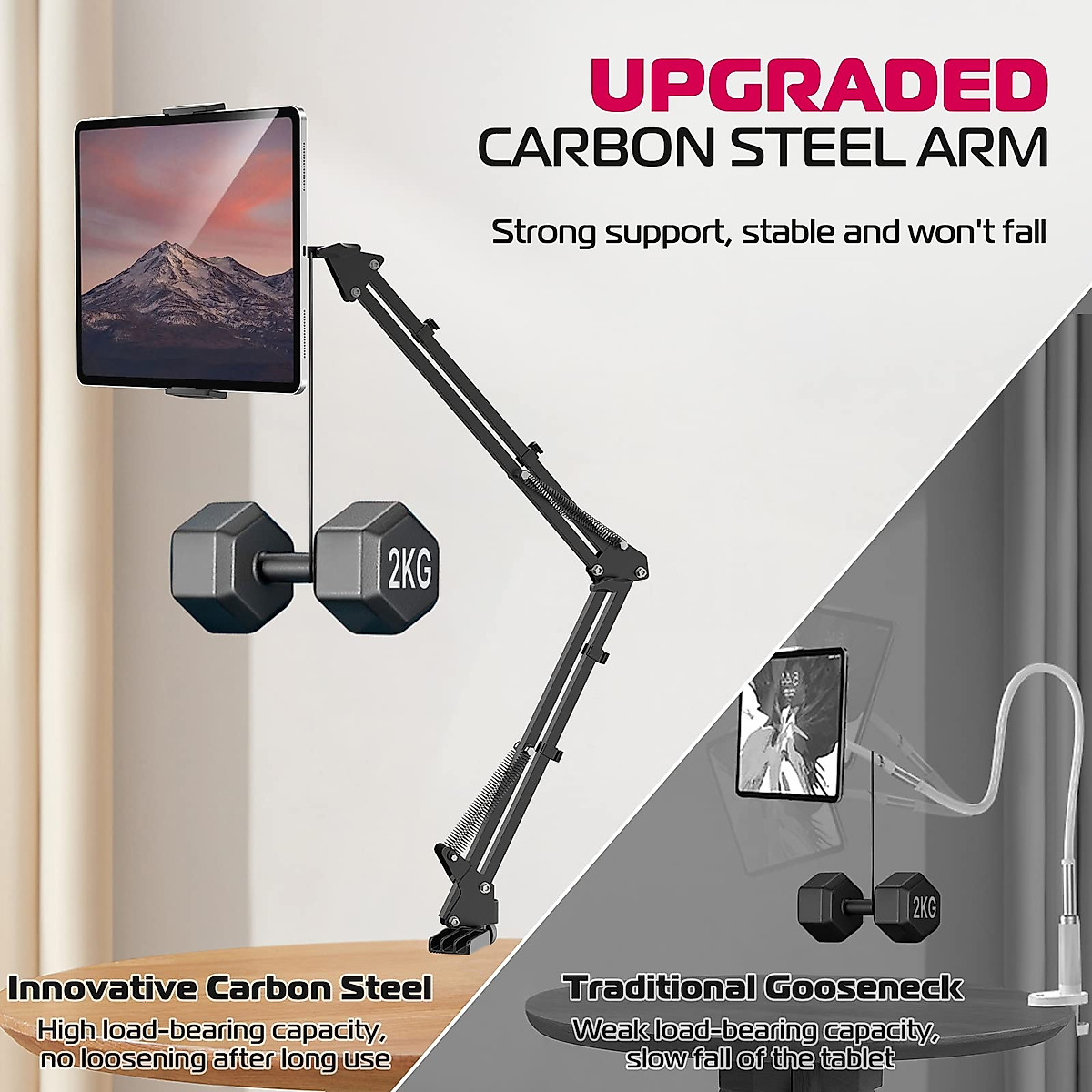 ULANZI T2 Adjustable Tablet Holder for Desk, Carbon Steel Tablet Phone Stand for Bed, Flexible Tablet Arm Clamp Compatible with iPhone 16 15 Pro iPad Kindle Galaxy Tab 4.6-12.9 Inch Devices