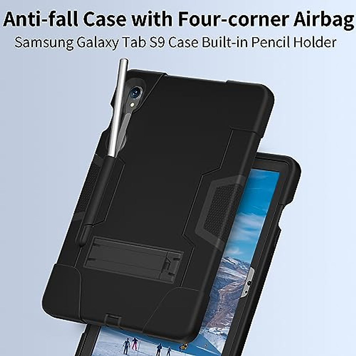 Kezigud Shockproof Kickstand Case for Galaxy Tab S9 11''/S9 FE 10.9'', Heavy Duty Hybrid Rugged Three Layer Soft Silicone+Hard PC with S-Pen Holder Cover for Samsung Tab S9/S9 FE 2023(Black)