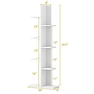 Tangkula 8 Shelf Bookshelf, Wooden Tree Bookcase with 8 Book Shelf, 20”L x 8”W x 55.5”H, Freestanding 8 Tier Storage Display Shelf with Anti-toppling, Corner Shelf for Living Room Home Office (White)