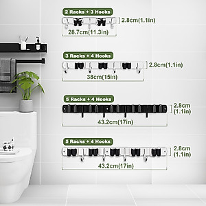 5 Racks and 4 Hooks Mop and Broom Holder Wall Mount, Broom Organizer Storage Tool Racks Stainless Steel Heavy Duty Hooks Self Adhesive Solid Non-slip for Home Kitchen Garden Laundry Garage