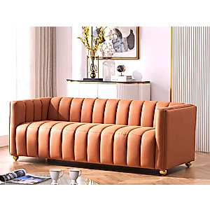 Container Furniture Glam Fabric Upholstered Solid Wood Frame 82.7" Art Deco Sofa for Living Room, Office, Sophisticated 3 Seater Couch, Orange