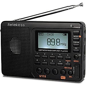 Retekess V115 Digital Radio AM FM, Portable Shortwave Radios, Rechargeable Radio Digital Tuner and Presets, Support Micro SD and AUX Record, Bass Speaker