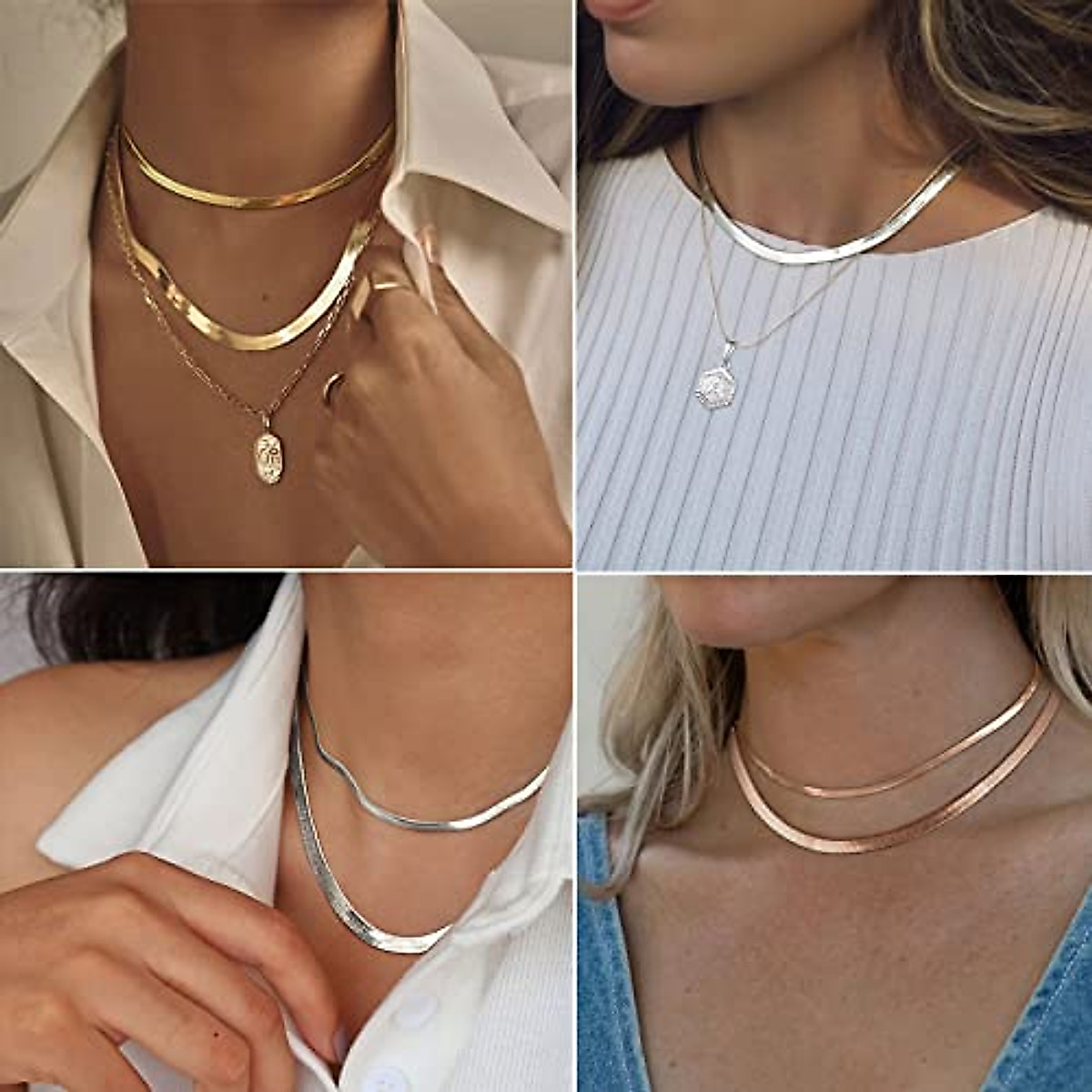 FindChic Rose Gold Layered Herringbone Necklace 12'' 15'' 2PCS Flat Snake Chain Set Dainty Choker Layering Stacked Minimalist Jewelry for Women
