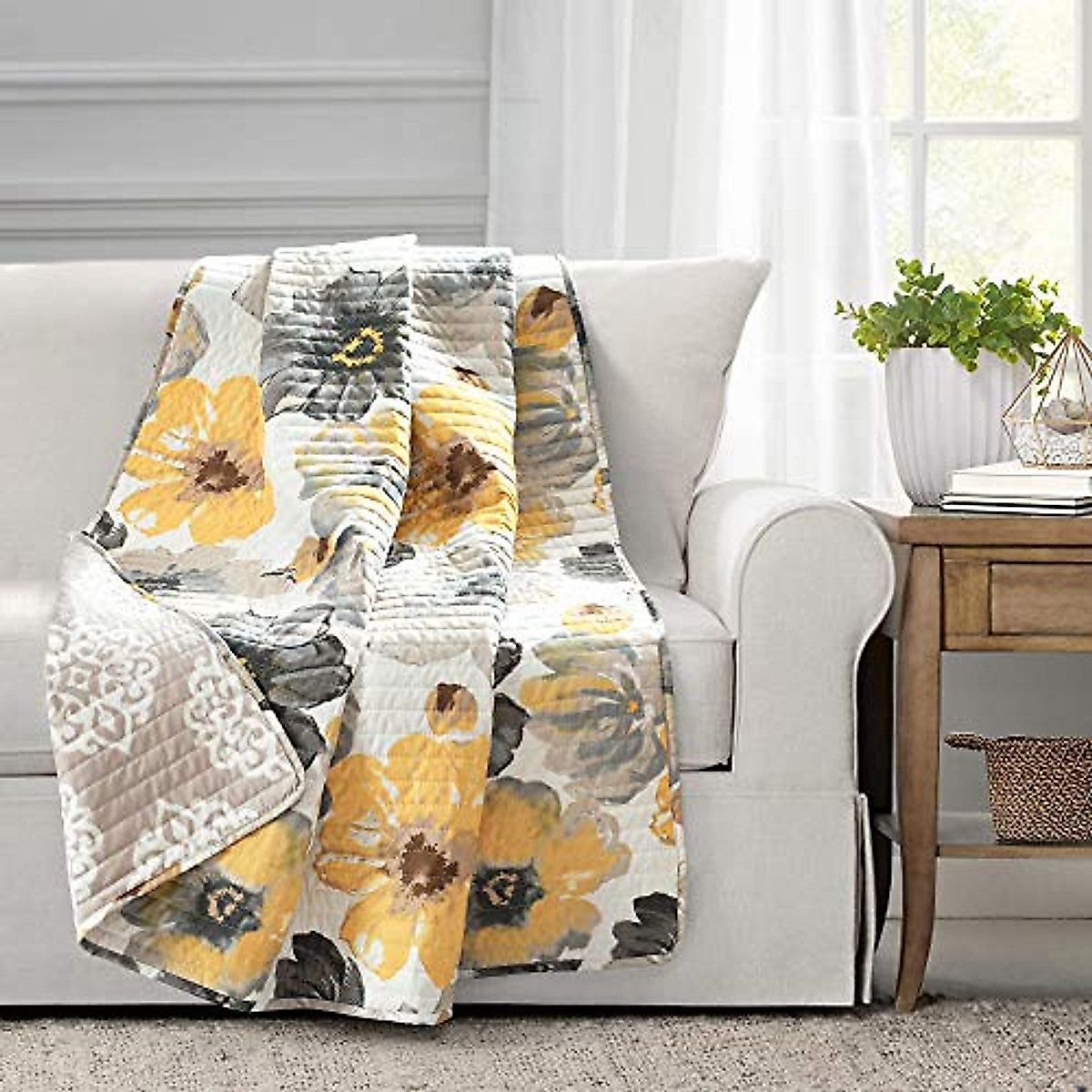 Lush Decor Leah Reversible Throw Blanket, 60" x 50", Yellow & Gray