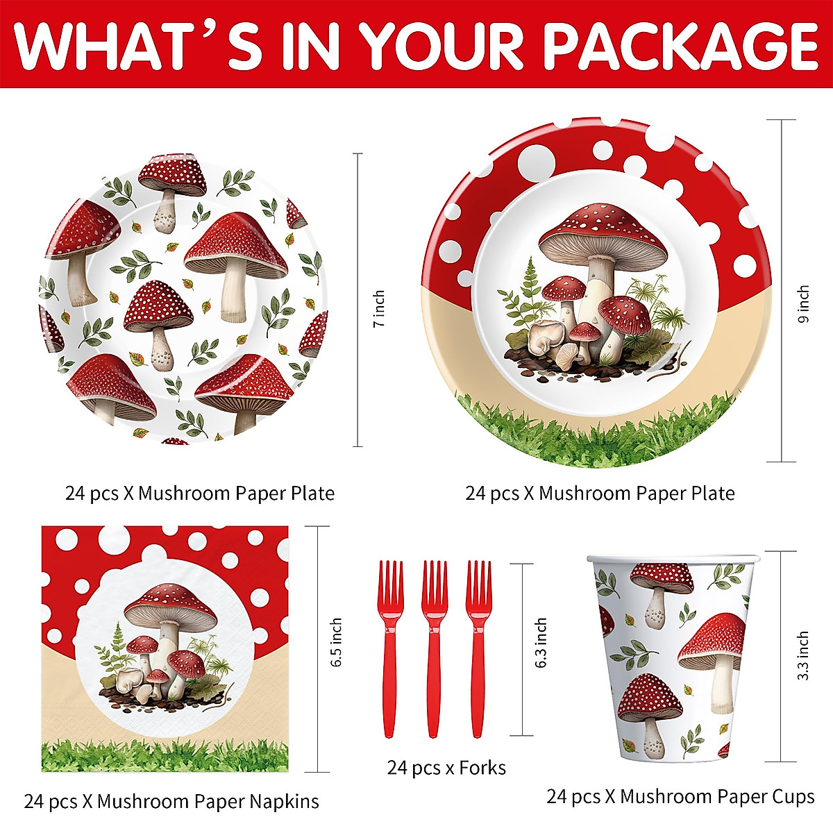 APOWBLS Mushroom Birthday Decorations Party Tableware - Mushroom Baby Shower Decorations And Supplies, Paper Plate, Cup, Napkin, Disposable Fork, Mushroom Party Decorations Dinnerware | Serve 24