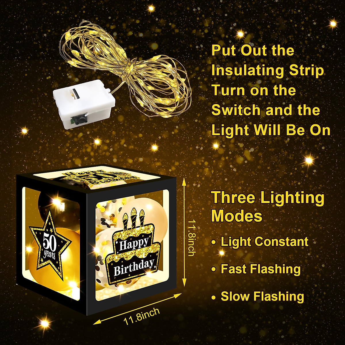 Turypaty 29Pcs 50th Birthday Balloon Boxes Decorations for Men Women, Black Gold 50th Birthday Transparent Balloon Boxes Party Supplies Decorations with LED Light and Stickers