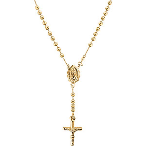 Savlano 925 Sterling Silver Italian Solid Bead Chain Cross & Rosary Virgin Mary Pendant -18K Gold Plated Y Necklace Comes With Gift Box for Women - Made in Italy (24, 5mm)