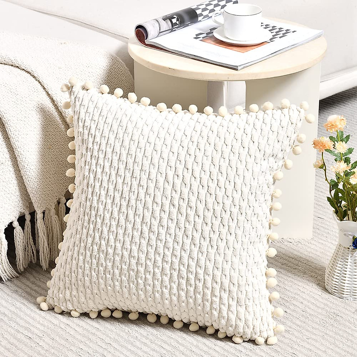 Fancy Homi Set of 2 Boho Cream Decorative Throw Pillow Covers 18x18 Inch with Pom-poms for Couch Bed Sofa, Modern Farmhouse Home Decor, Soft Plush Corduroy Cute Cushion Case 45x45 cm