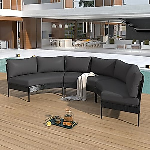 LOUHME 3-Piece Curved Outdoor Conversation Set, All Weather Semicircle Sectional Sofa with Metal Frame and Cushions, Outdoor Half-Moon Patio Furniture Set for Patio Deck Garden, Gray