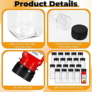 50 Pcs 2oz Clear Plastic Bottles, Mini Juice Bottle with Black Screw Lid, Juice Bottles Empty Reusable Liquid Vial Freezer Safe Drinking Beverage Container Leak Proof for Juice Milk Water Beverages