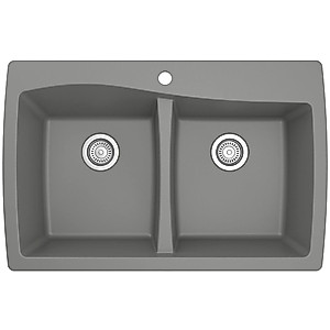 Karran QT-720 Drop-In Quartz Composite 34 in. 1-Hole 50/50 Double Bowl Kitchen Sink Kit in Black