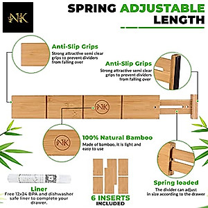 NK Home Goods Expandable Bamboo Drawer Divider (17x22 in), Adjustable Kitchen Organizer for Office, Home, and Closets. 4 Dividers 6 Inserts. (Free 12x24 Liner)