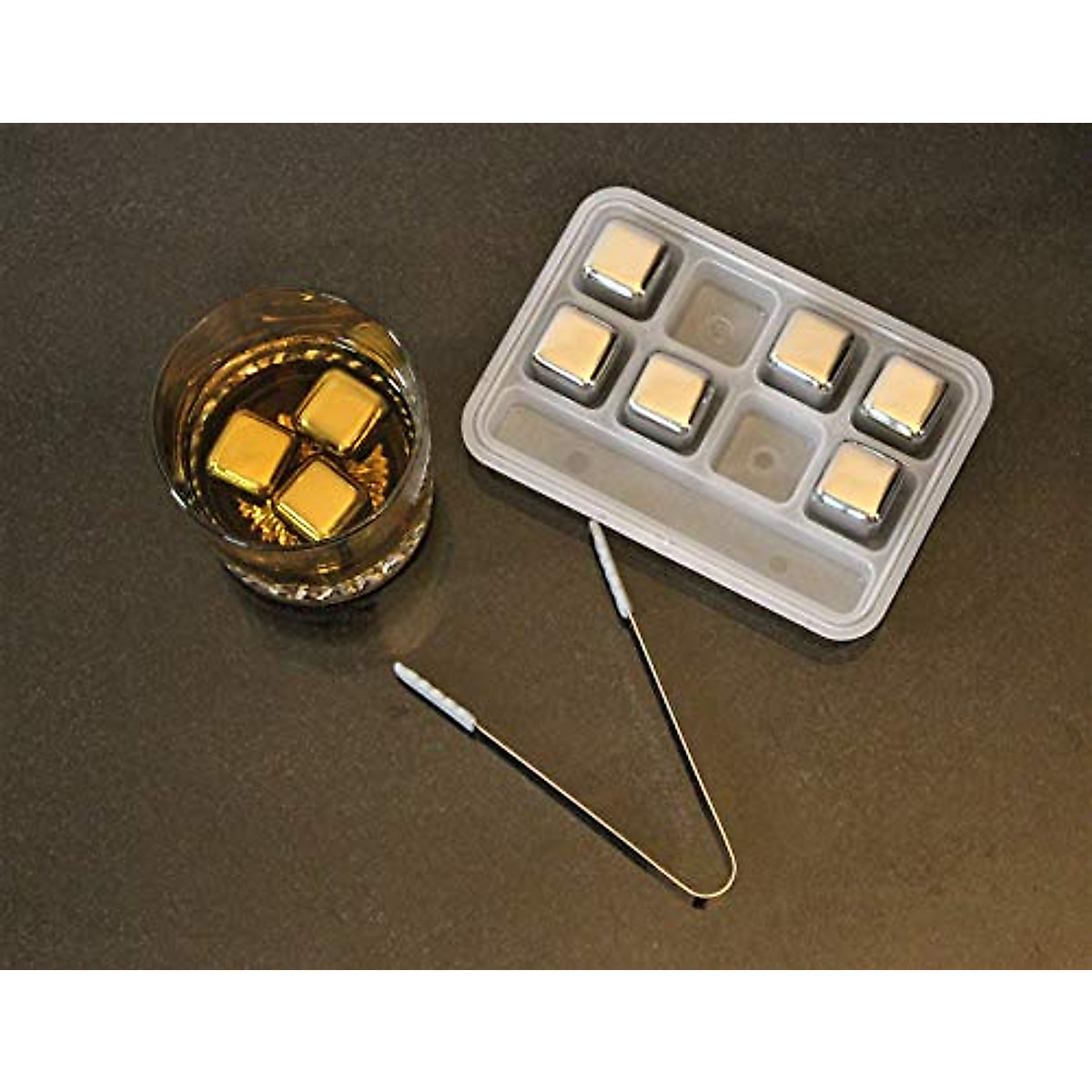 Set of 8 Whiskey Stones, Reusable Ice Cubes, Beverage Chilling Rocks, Premium Stainless Steel Gifts For Men, Dad, Christmas, Includes Storage Tray and Silicone Tip Tongs.