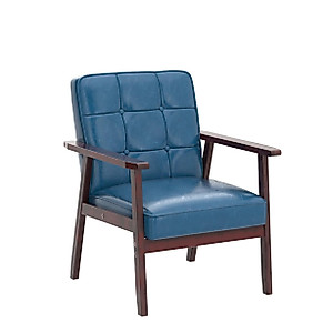 Okeysen Mid Century Modern Accent Chairs, Retro Wood and Leather Armchairs Side Chair, Lounge Reading Comfy Arm Chair for Living Room, Bedroom, Office (Blue)