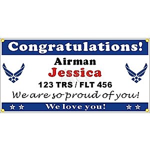 MUFGA Alice Graphics 22" X 44" Custom Personalized Congratulations Airman US Air Force Basic Military Training (BMT) Graduation Banner Sign or Welcome Home Banner (2 USAF Logos)