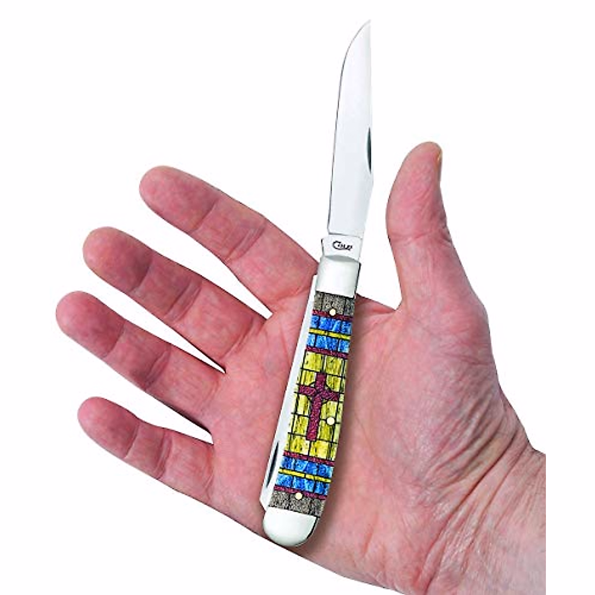 Case WR XX Pocket Knife Trapper Stained Glass Cross Natural Bone Color Wash Item #38713 - (6254 SS) - Length Closed: 4 1/8 Inches