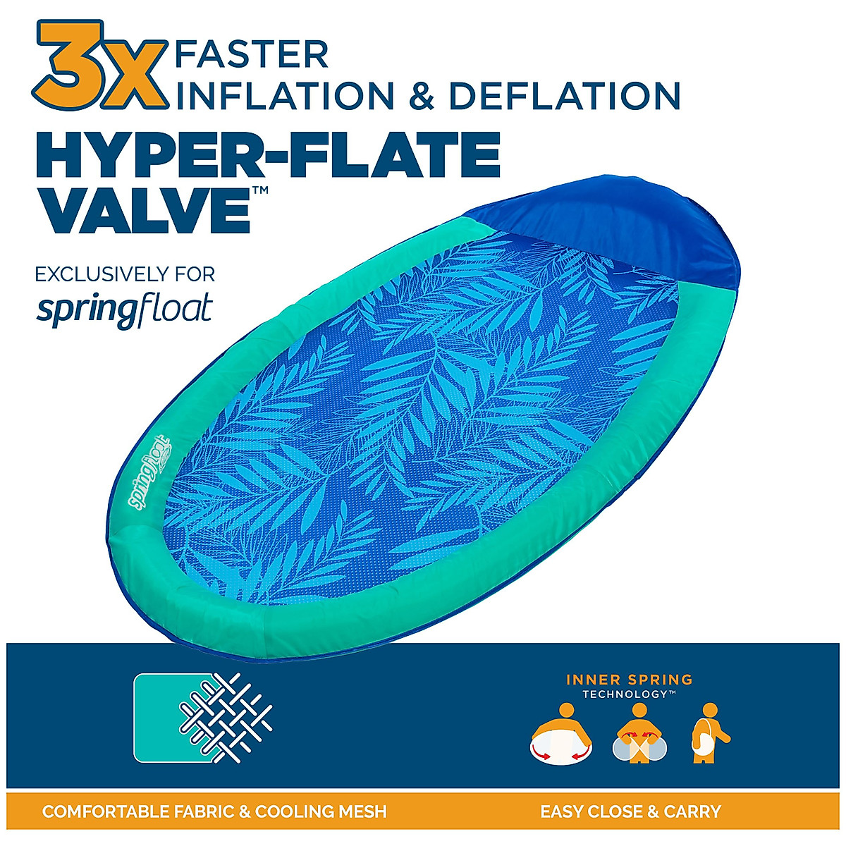 SwimWays Spring Float Original Pool Lounge Chair with Hyper-Flate Valve, Teal Palm