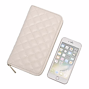 Premium Real Full Grain Leather Classic Long Zipped Wallet with Multiple Card Slots | Phone Clutch | Large Capacity Card Holder Organizer for Men Women (Beige Quilted) (JK-ZW19)