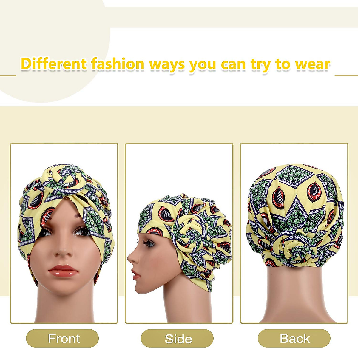 SATINIOR 6 Pieces Women African Turban Flower Knot Pre-Tied Bonnet Beanie Cap Headwrap (Blue Yellow Flower)