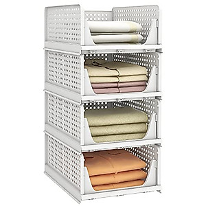 Pinkpum Stackable Plastic Storage Basket-Foldable Closet Organizers and Storage Bins 4 Pack-Drawer Shelf Storage Container for Wardrobe Cupboard Kitchen Bathroom Office 4L