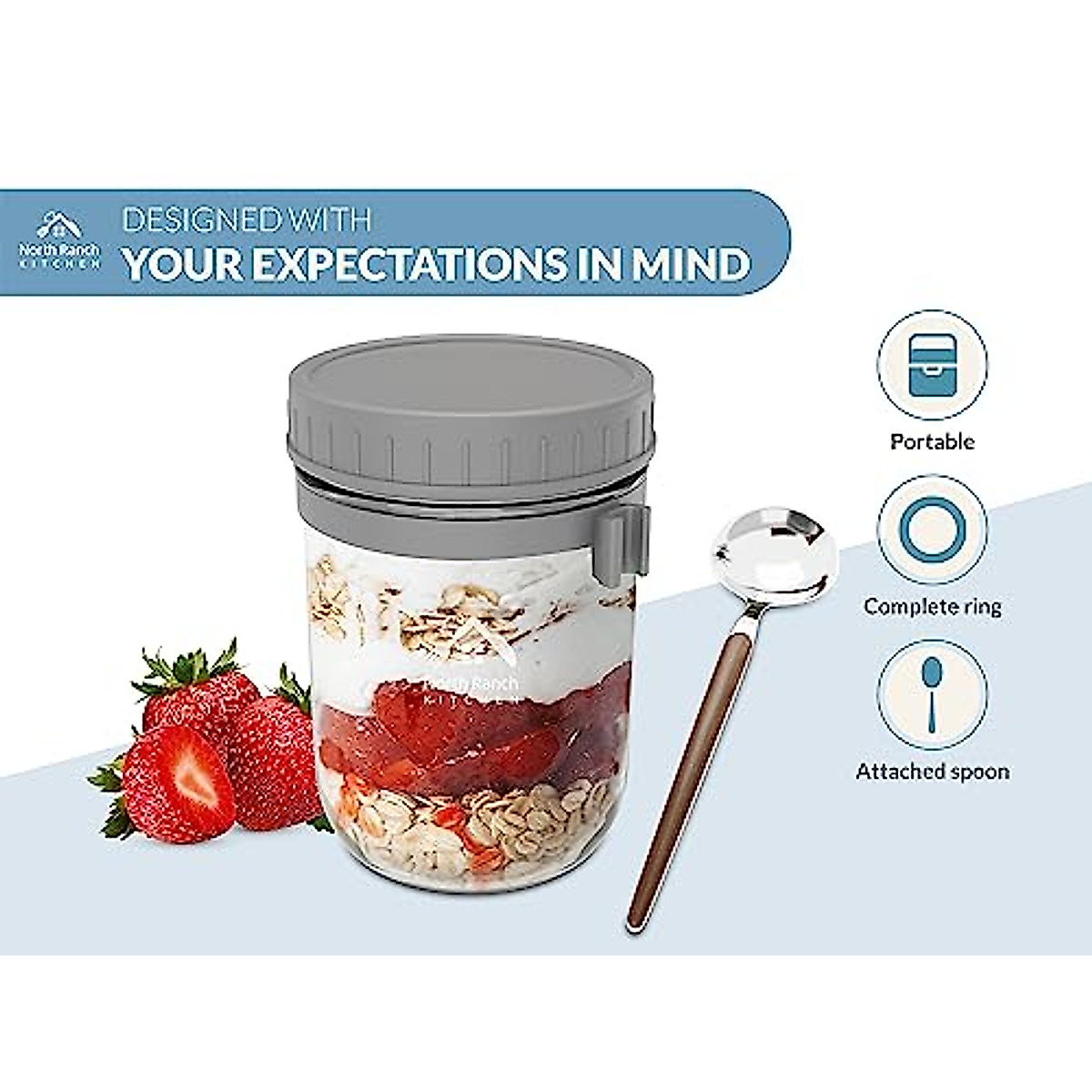 North Ranch Kitchen 16 oz overnight oats containers with lids - Jars with spoons and lids - made of premium borosilicate glass - 2x oatmeal jars with spoons & spoon holder
