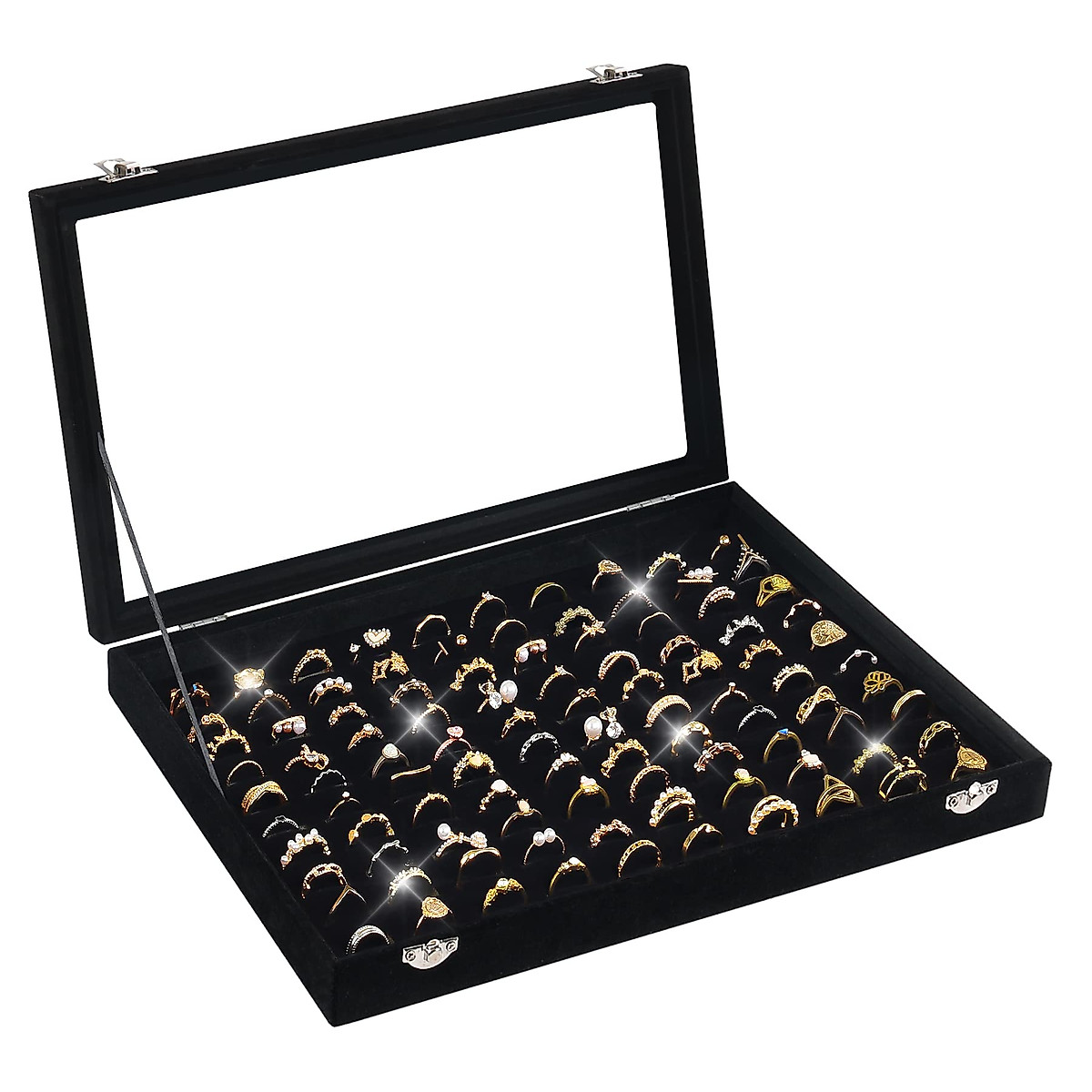 Ring Organizer for Jewelry, Ring Holder Box with Clear Lid, Dustproof Velvet Rings Display Tray Storage Case, 100 Slot Glass Top Jewelry Tray Drawer Insert for Multiple Rings Studs Earring (Black)