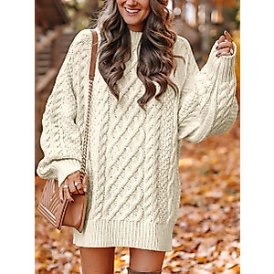 ANRABESS Women Long Sleeve Oversized Cable Knit Chunky Baggy Loose Pullover Tunic Mini Sweater Dress 2025 Trendy Fall Outfits Beige Large