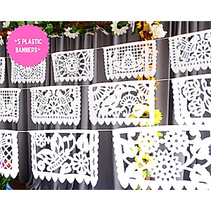 White Papel Picado Banner - Plastic Papel Picado Banner, garland, bunting, streamers - Fiesta Decorations - Mexican white Decorations for mothers day, bridal shower, weddings 5 pack/60 feet