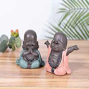 WGFKVAS 2 Pcs Buddha Statue, Laughing Buddha Smiling Little Buddha Ceramic Buda Statue Little Monk Figurine Cute Baby Buddha for Home Office Car Decors Gift Crafts and Arts