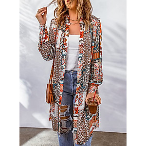 Dokotoo Womens Summer Spring Beach Boho Long Sleeve Cardigans Button-Down Bohemian Fashion Geometric Floral Kimonos for Women Brown XX-Large