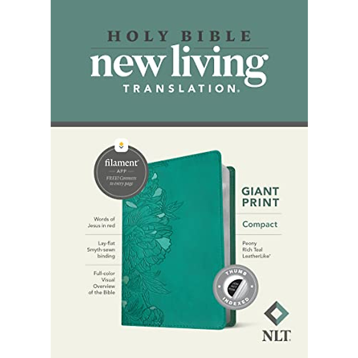 NLT Compact Giant Print Bible, Filament Enabled (LeatherLike, Peony Rich Teal, Indexed, Red Letter)