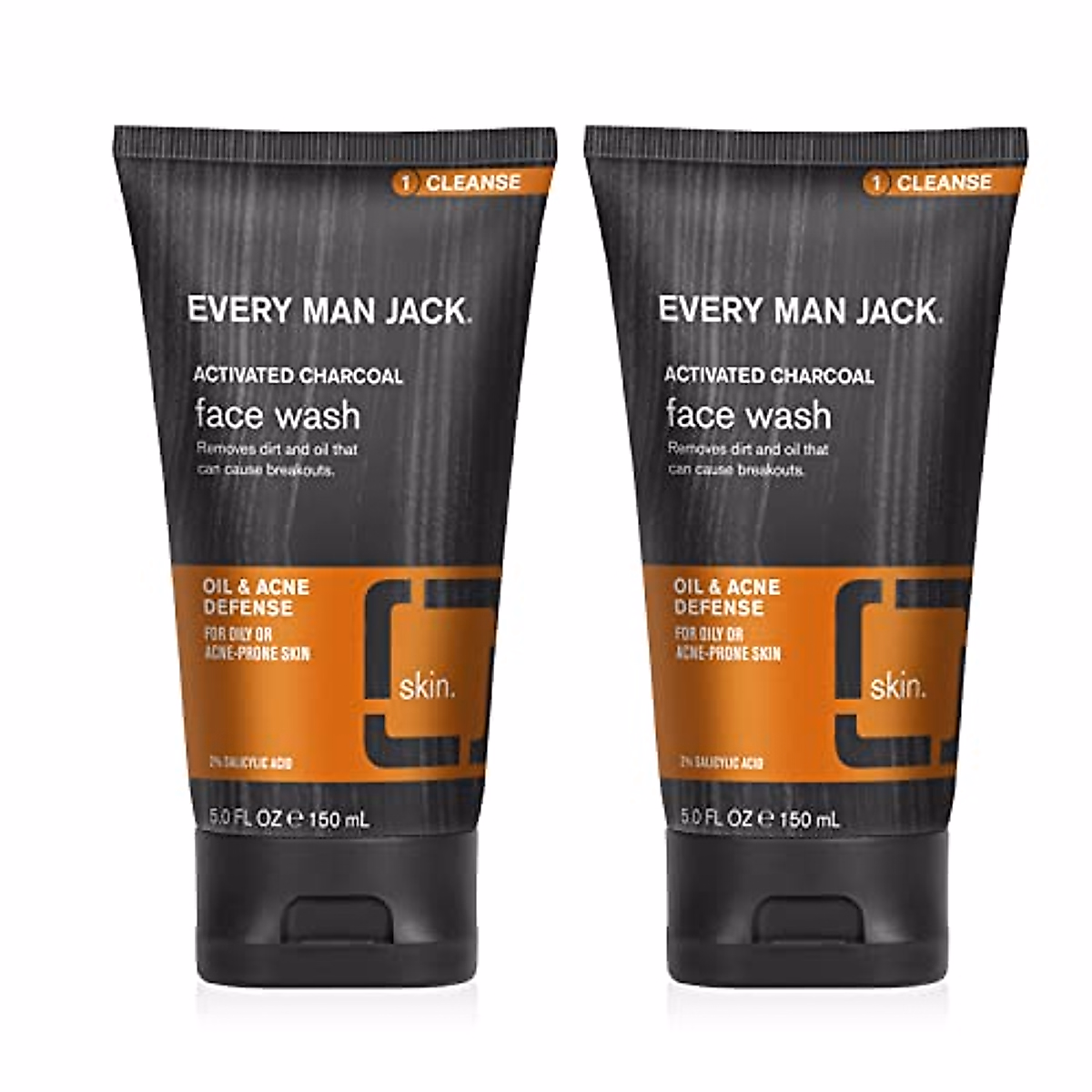 Every Man Jack Activated Charcoal Oil and Acne Defense Skin Clearing Face Wash For Men - Deeply Cleanse Pores and Prevent Acne Breakouts with Salicylic Acid + Coconut Oil - 5 oz Mens Face Wash - 2pack