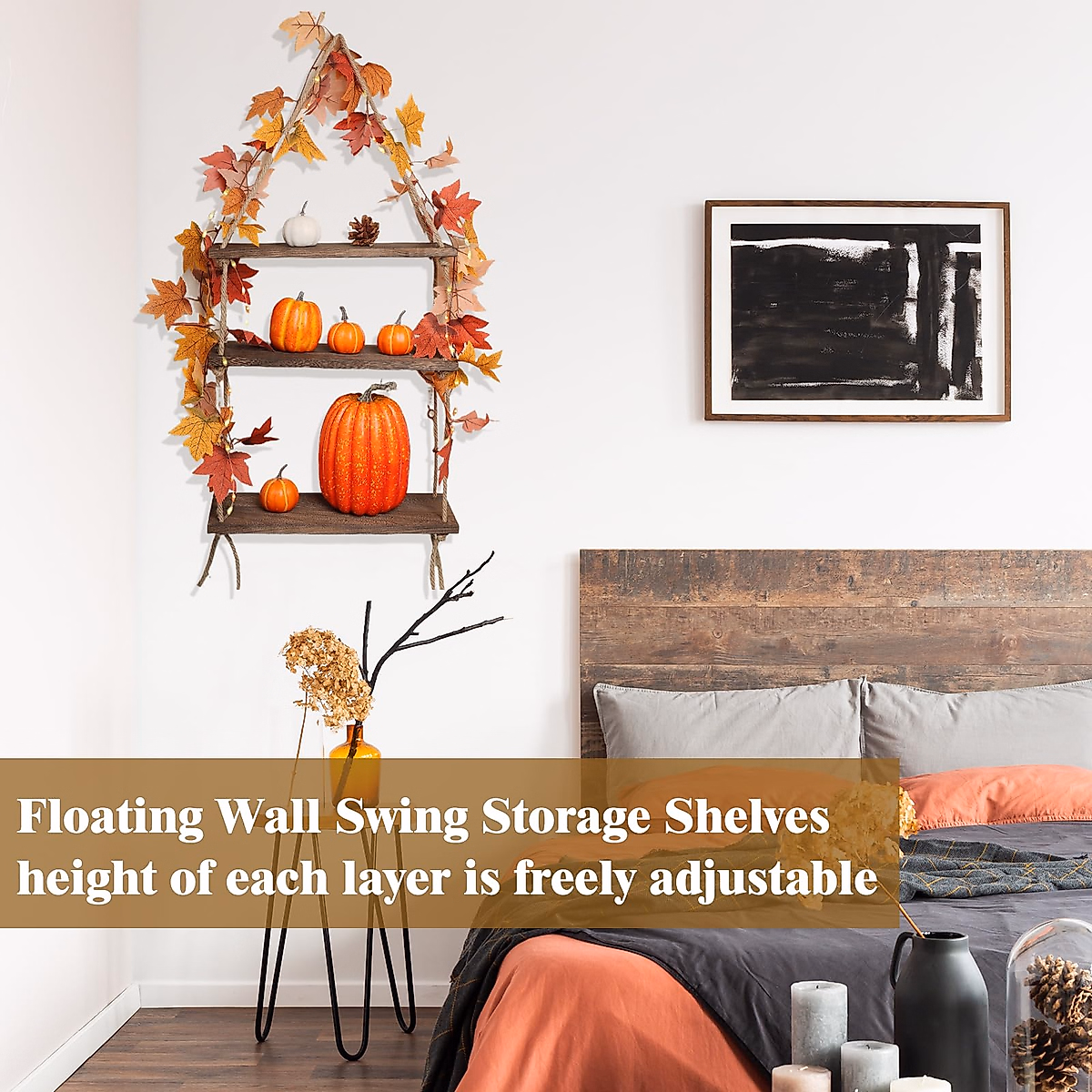 3-Tier Macrame Hanging Shelf for Wall Decor, Wooden Lighted Hanging Shelves with Fall Artificial Maple Leaves Boho Room Decor Aesthetic Wall Storage Floating Shelves for Bedroom Living Room Farmhouse