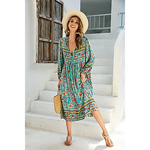 R.Vivimos Women's Long Sleeve Floral Print Retro V Neck Tassel Bohemian Midi Dresses (Medium, Green)